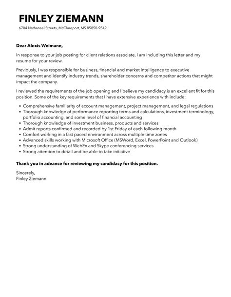 Client Relations Associate Cover Letter Velvet Jobs