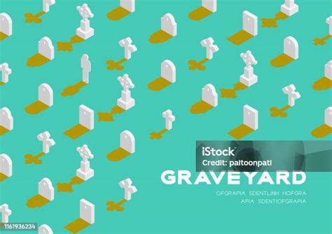 묘비 3d 등각투영 패턴 기독교 충실한 휴식 평화 개념 포스터 와 배너 수평 디자인 그림 복사 공간 벡터 Eps 녹색 배경에 고립 된 묘지 0명에 대한 스톡 벡터 아트 및