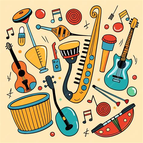 Colorful Cartoon Illustration Of Musical Instruments With Notes And