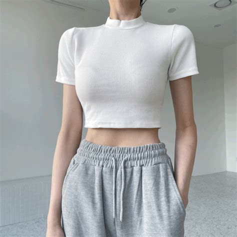 미니미 반목 크롭 골지 라운드넥 반팔 티 2color 에이블리