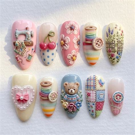 Cute Cherry Floral Press On Nails Kawaii 3d Flower Nail Set Pastel