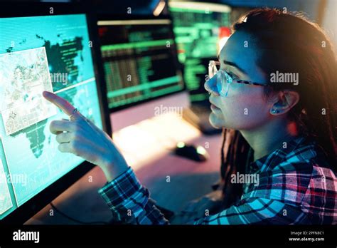 Woman Computer Screen And Hacker With Software Data Programming Or