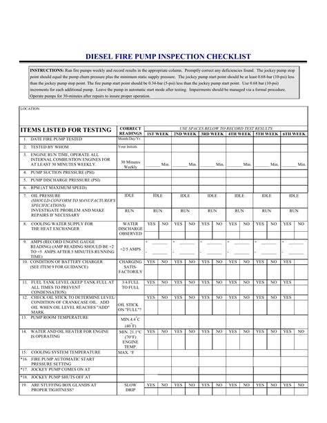 Diesel Fire Pump Inspection Checklist Form Example Download