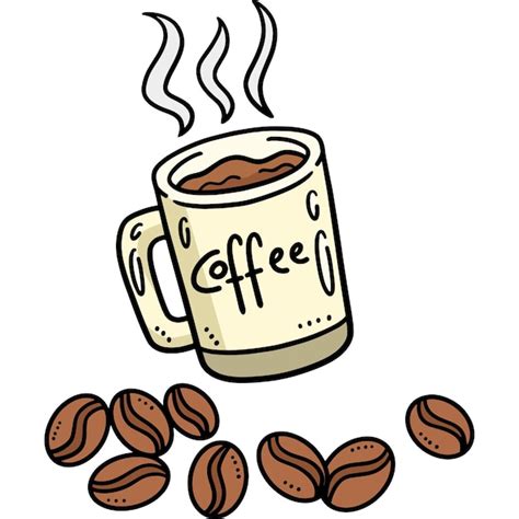 커피와 커피 콩 만화 클립 아트와 머그잔 프리미엄 벡터