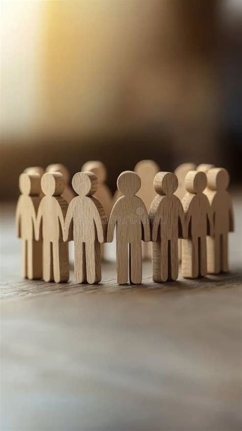 Wooden Figures Of People Standing In A Circle On A Table Symbolize Teamwork And Unity Stock
