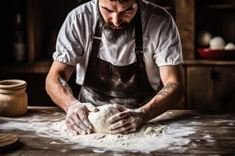 Premium Ai Image Man Preparing Bread Dough On A Wooden Table