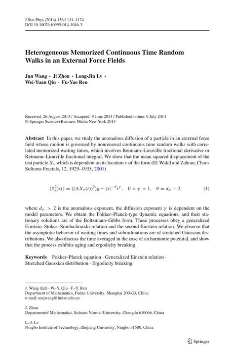 Pdf Heterogeneous Memorized Continuous Time Random Walks In An