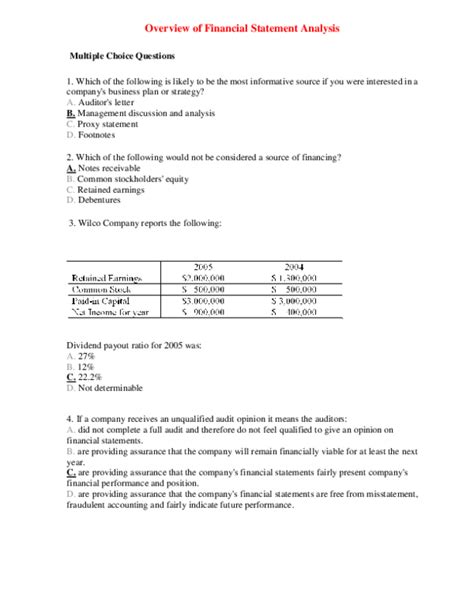 Doc Overview Of Financial Statement Analysis Multiple Choice Questions
