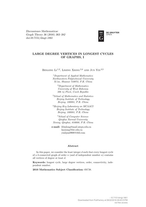 Pdf Large Degree Vertices In Longest Cycles Of Graphs I