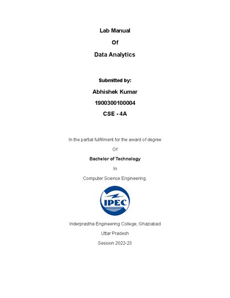 Data Analytics Lab Manual Of Data Analytics Submitted By Abhishek