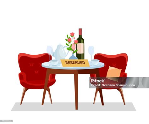 콘셉트는 카페에서 예약 레스토랑 테이블과 와인 잔 냄비 병 컵 식당 세팅 부드러운 빨간 안락 의자 및 꽃병에 담긴 꽃 음료 용기 알코올 플랫 만화 벡터 일러스트레이션