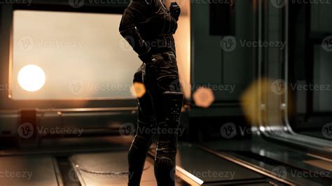 Sexy Futurictic Astronaut In The Space Station Stock Photo At