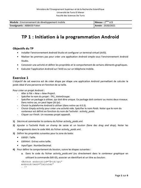 tp1 intiation à la programmation avec androidlce 1 pdf