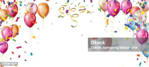 생일 축하 가로 그림 축제 장식 벡터 그림을 위해 색종이 조각과 풍선으로 축하합니다 검은색에 대한 스톡 벡터 아트 및 기타 이미지 검은색 공휴일 금색 Istock