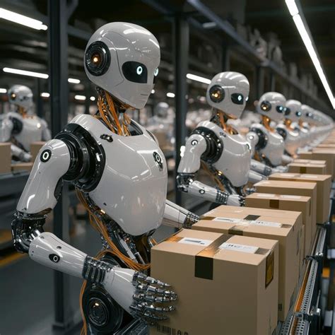 Photograph Of A Group Of Humanoid Robots Packaging Boxes Premium Ai Generated Image