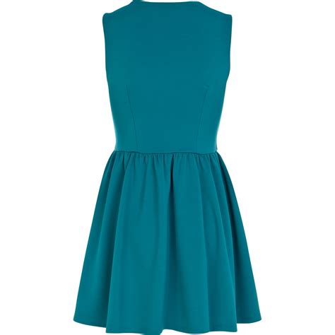 River Island Green Cutout Zip Front Skater Dress In Green Lyst