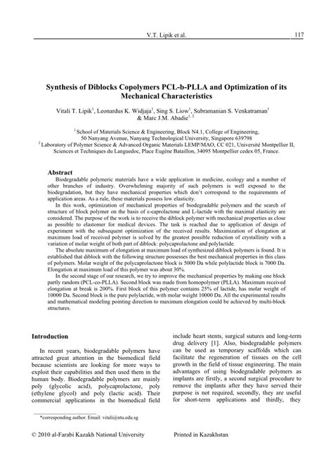 Pdf Synthesis Of Diblocks Copolymers Pcl B Plla And Optimization Of