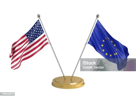 흰색 배경에 미국과 유럽 연합 의 국기 3d 일러스트레이션 개념에 대한 스톡 사진 및 기타 이미지 개념 계약서 국가 관광명소 Istock