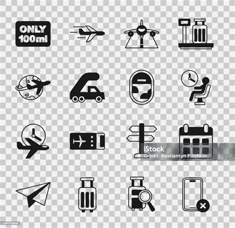 휴대 전화 캘린더 및 비행기 공항 터미널 비행기 탑승 승객 사다리 비행이있는 글로브 액체 기내 수하물 및 비행기 창 아이콘에서 기다리는 인간을 설정하지 않습니다 벡터