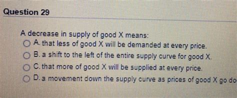 Solved Question 29 A Decrease In Supply Of Good X Means O