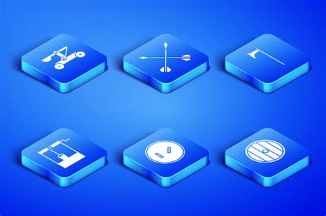 세트 라운드 나무 방패 투석기 슈팅 돌 우물 양동이 중세 십자가 화살표와 도끼 아이콘 벡터 3차원 형태에 대한 스톡 벡터 아트 및 기타 이미지 Istock