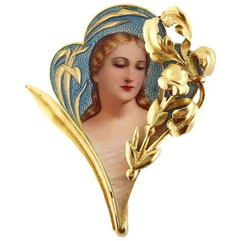 Antique Art Nouveau 18k Enameled Maiden Female And Iris Flower Brooch