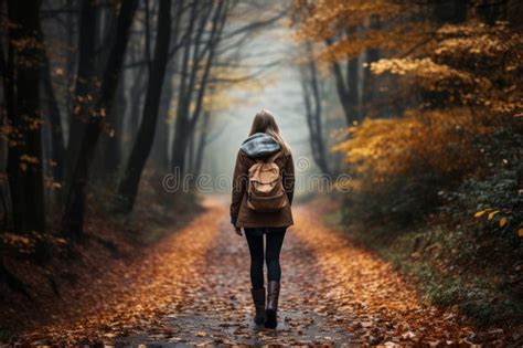 Serene Autumn Forest Hike With A Trail Hiker Woman Walking Surrounded By Vibrant Fall Foliage