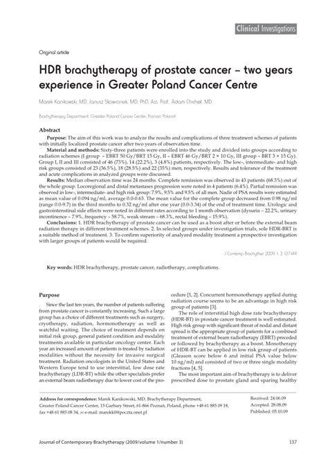 Pdf Hdr Brachytherapy Of Prostate Cancertwo Years Experience In Greater Poland Cancer Centre