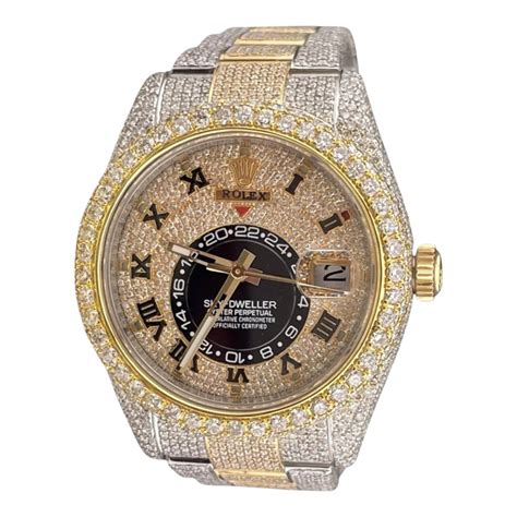 Mens Iced Out Diamond Watch Two Tone Rolex Sky Dweller 42mm Oyster