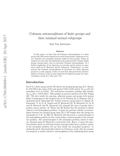 Pdf Coleman Automorphisms Of Finite Groups And Their Minimal Normal