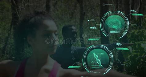 Image Of Data Processing Over Diverse Man And Woman Exercising Stock