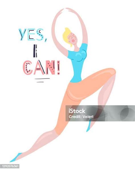 글자를 곁들인 행복한 스포티 점프 소녀 자신감 있는 여성과 동기 부여 인용문을 춤추는 것 신체 긍정적이고 활동적인 건강한 라이프 스타일 벡터 플랫 핸드 그린 일러스트레이션