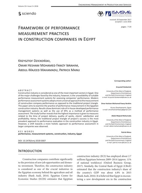 Pdf Framework Of Performance Measurement Practices In Construction