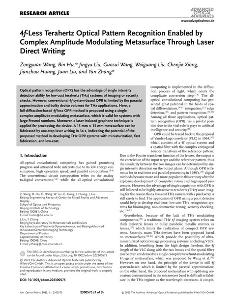 Pdf 4f‐less Terahertz Optical Pattern Recognition Enabled By Complex Amplitude Modulating