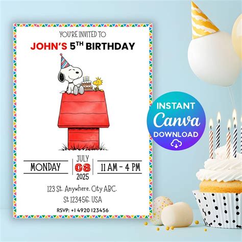 Editable Snoopy Birthday Invitation Peanuts Birthday Party Snoopy
