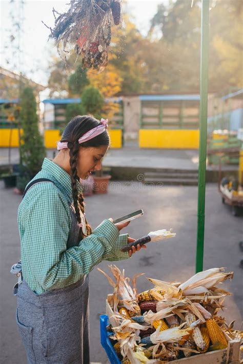 Young Woman Takes A Photo Of A Corn Cob At The Market Stock Image