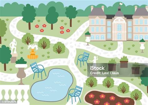 파리의 벡터 룩셈부르크 정원 풍경 그림 궁전 벤치 의자 조각품 연못 나무가 있는 프랑스 수도 공원 장면 귀여운 프랑스 배경 공원에 대한 스톡 벡터 아트 및 기타 이미지