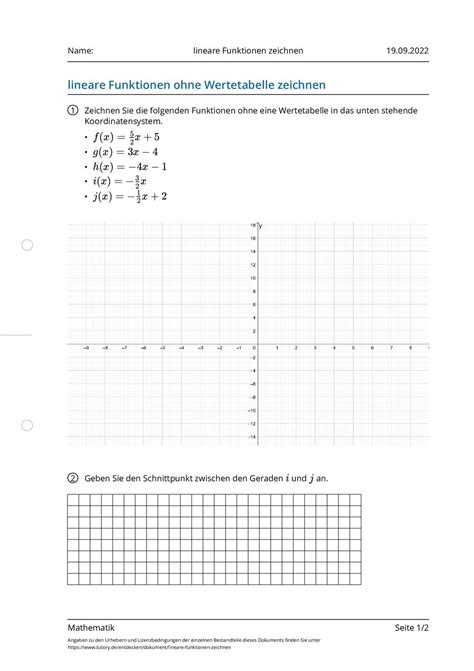 Arbeitsblatt Lineare Funktionen Zeichnen Mathematik Tutory De