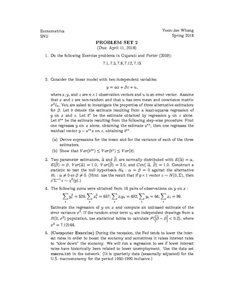 Problem Set Of Econometrics Yoon Jae Whang Spring 2018 Econometrics Snu Problem Set 2 Due