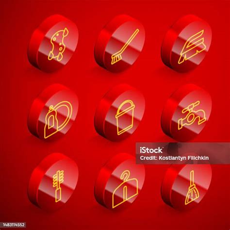 라인 스폰지 청소용 브러시 식기 세척액 병 양동이 수도꼭지 변기 브러시 및 옷걸이 옷장 아이콘을 설정합니다 벡터 3차원 형태에 대한 스톡 벡터 아트 및 기타 이미지 Istock