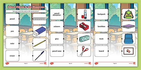 School Objects In The Classroom Matching Worksheet Twinkl