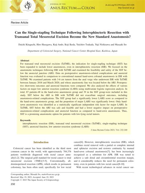 Pdf Can The Single Stapling Technique Following Intersphincteric Resection With Transanal