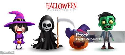 할로윈 캐릭터 벡터 세트 디자인입니다 할로윈 캐릭터 의상과 마녀 저승사자 호박 좀비와 같은 마스코트 개체 그룹에 대한 스톡 벡터 아트 및 기타 이미지 Istock