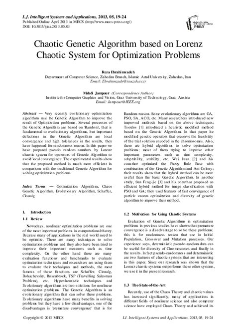 Pdf Chaotic Genetic Algorithm Based On Lorenz Chaotic System For Optimization Problems