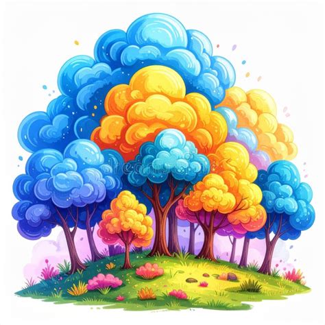 Colorful Cloud Shaped Trees On A Hill Stock Illustration Illustration Of Meadow Yellow 386614318