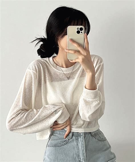 [살탐방지 햇빛차단 여리핏] 썸머시스루긴팔크롭티 에이블리