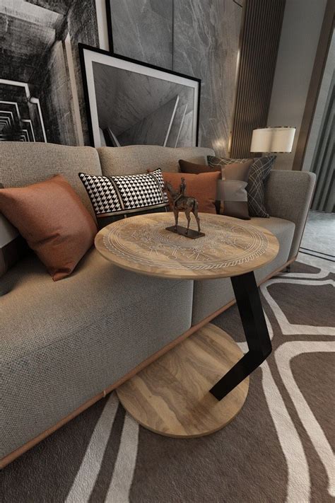 C Couch Table Mandala Design Engraved C Shape Computer Table Metal Or Wood Leg Modern Sofa