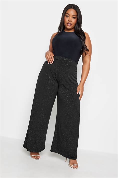 Yours Plus Size Black Glitter Wide Leg Trousers Yours Clothing