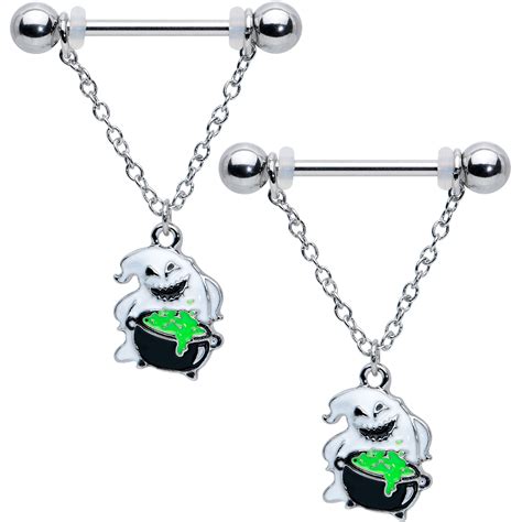 14 Gauge 58 Ghost Goo Cauldron Halloween Chain Dangle Nipple Ring Set