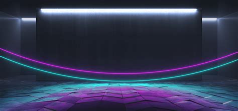아치 모양 네온 빛나는 형광 성 자주색 분홍색 파란 빈 단계 스튜디오 클럽 춤 빛 방 반사 우아한 공상 과학 Fi 미래 지향적 인 자외선 3d 렌더링 0명에 대한 스톡 사진